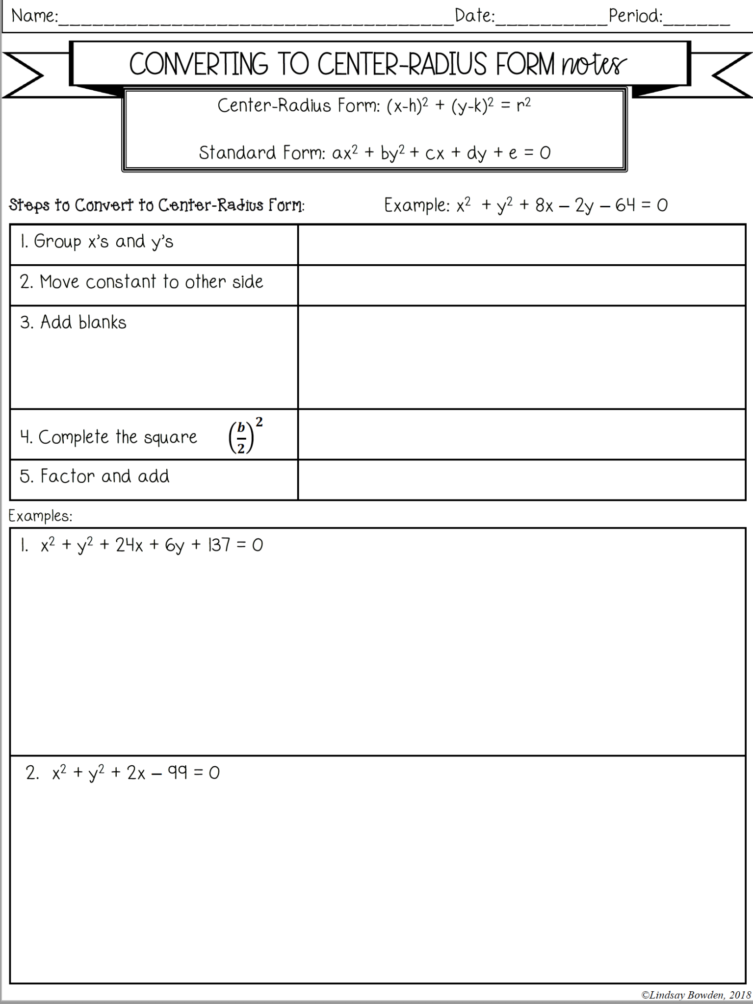 Equation of a Circle Notes and Worksheets - Lindsay Bowden
