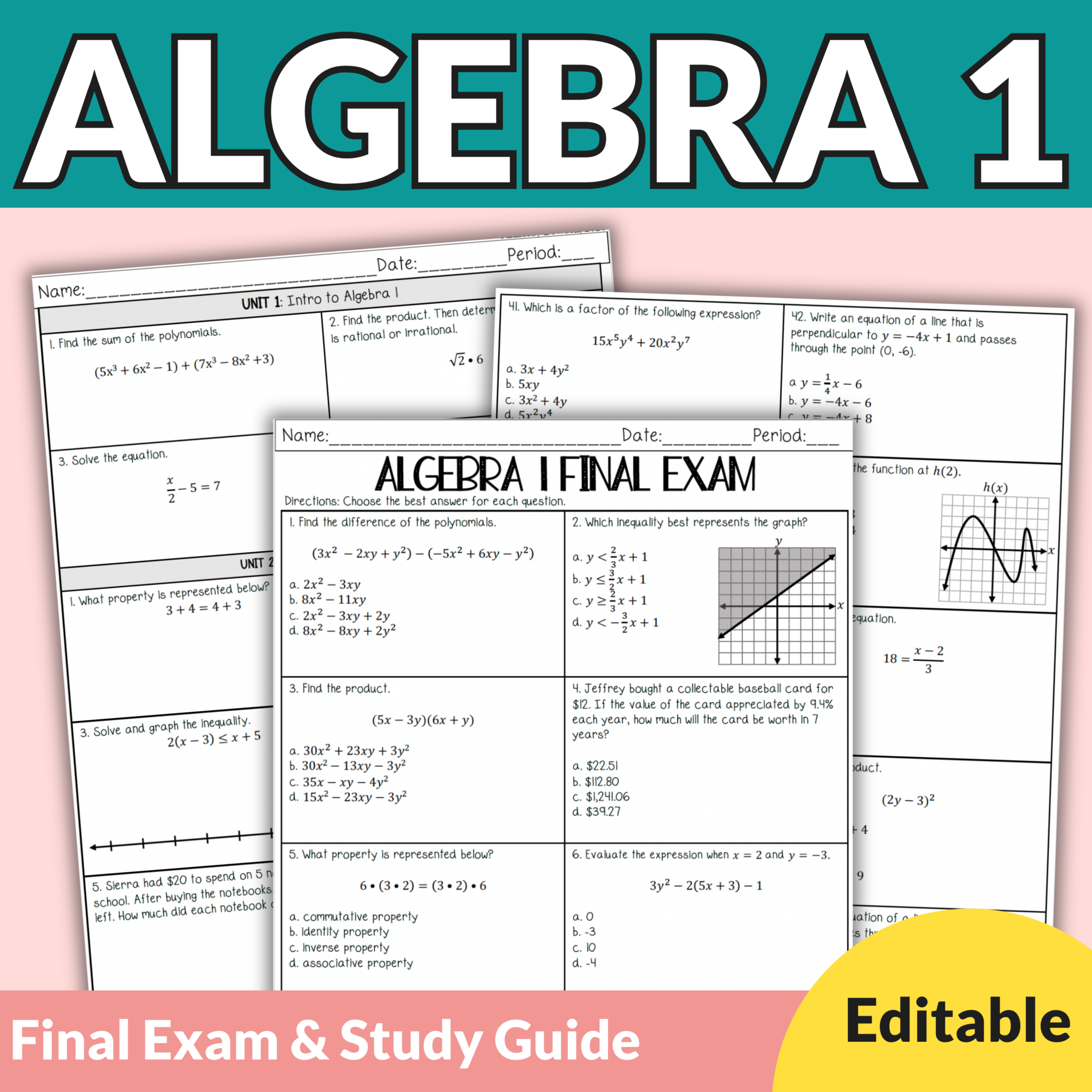 Editable Algebra 1 Final Exam with Study Guide No Prep 8th-11th ...