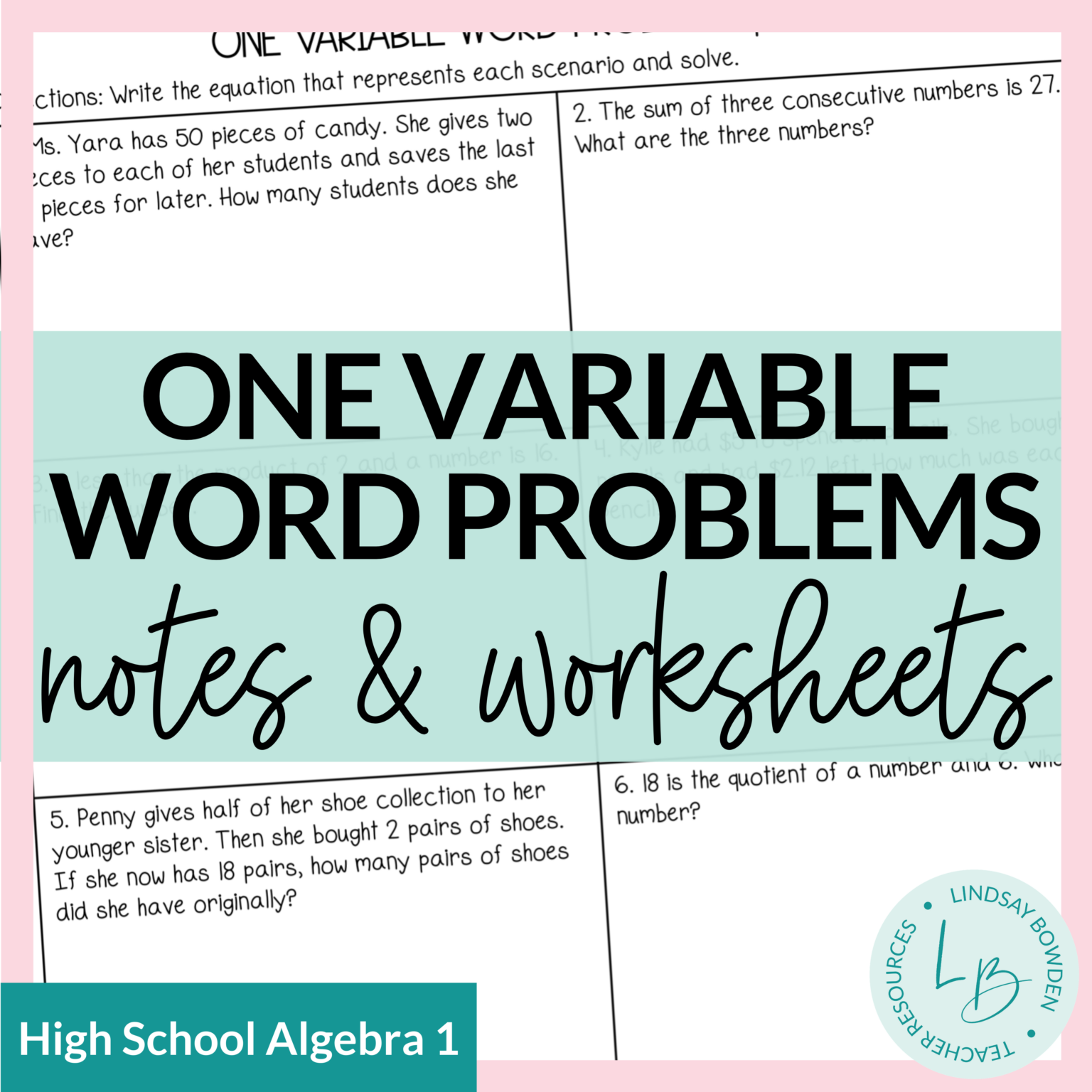 One Variable Word Problems Notes and Worksheets - Lindsay Bowden