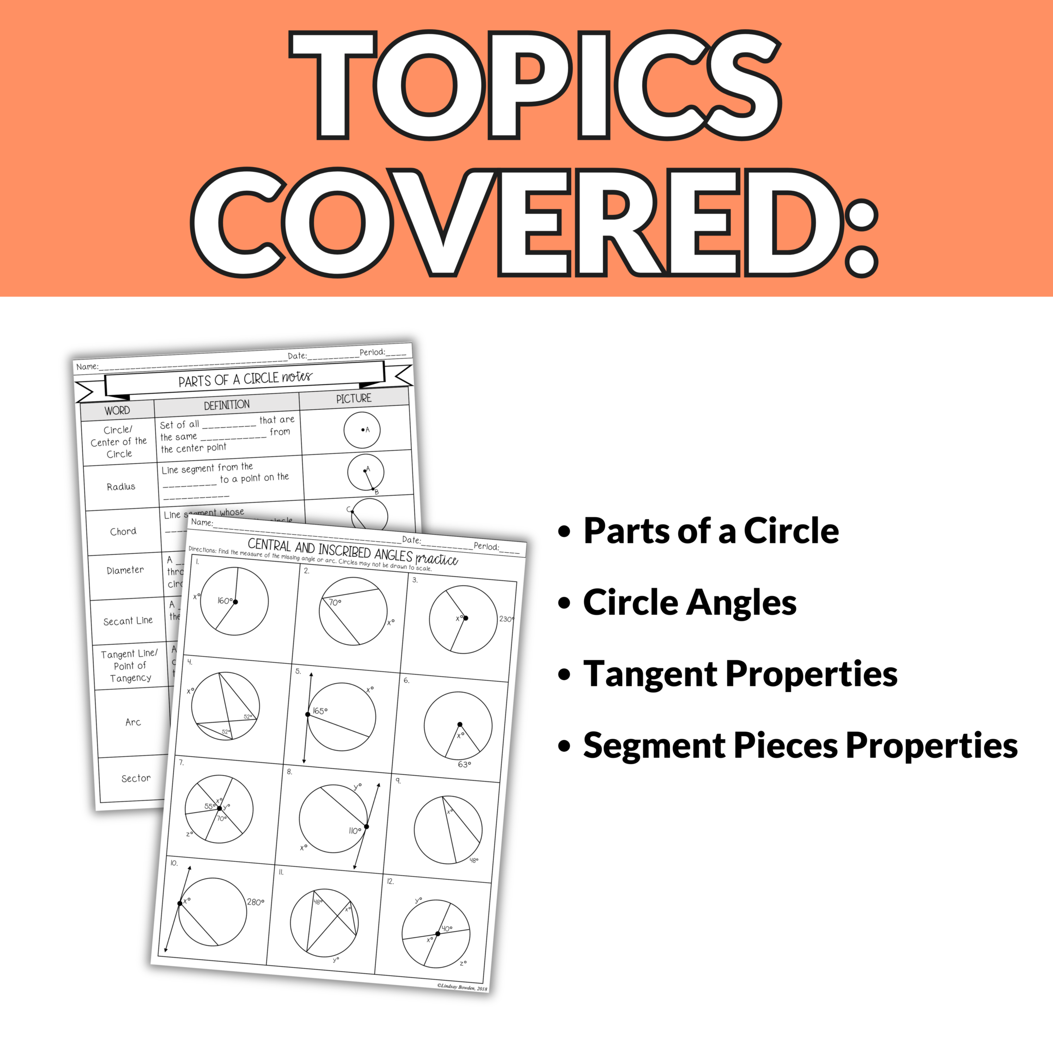 Circle Notes and Worksheets: Angles, Tangents, and Segments for 9th ...