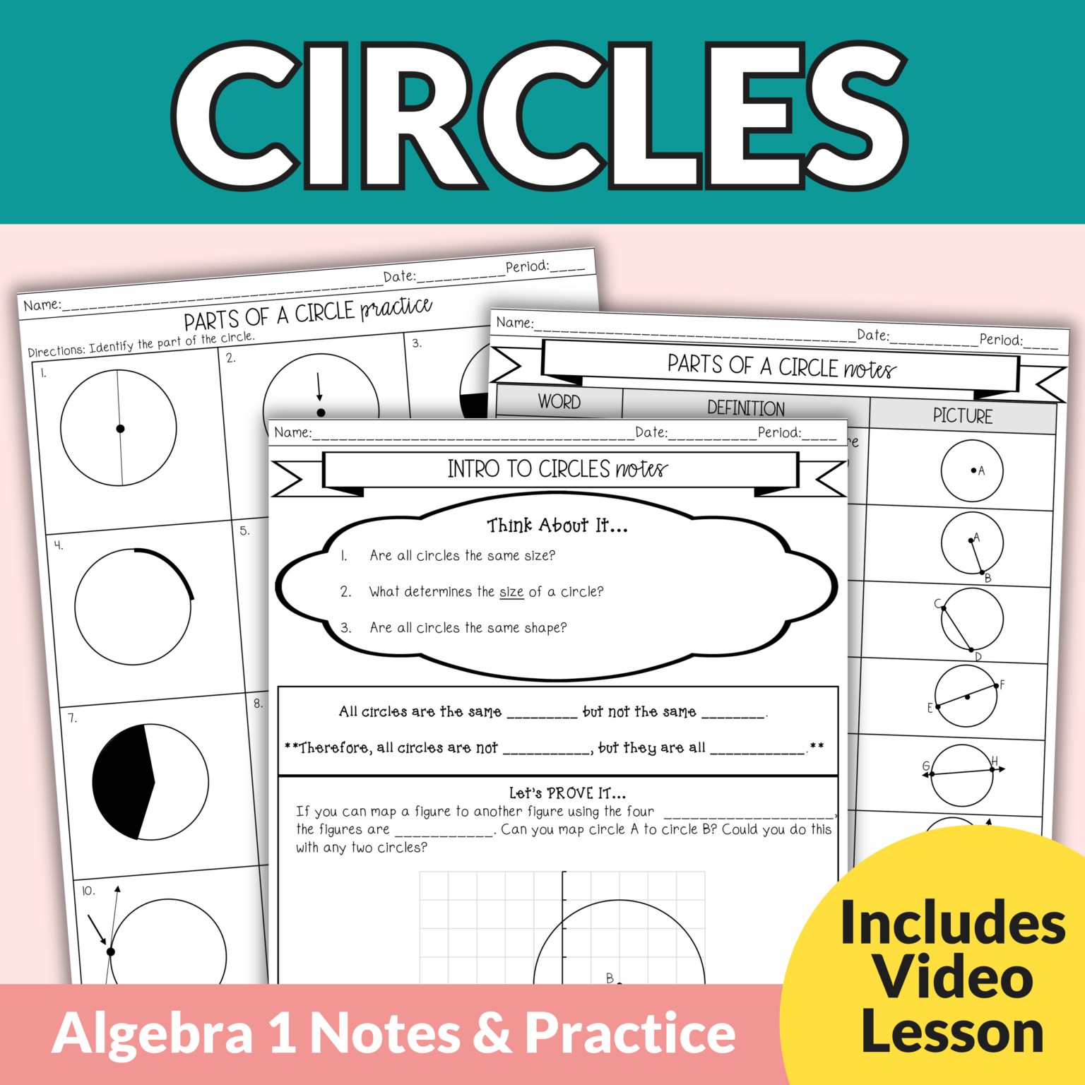 Circle Notes and Worksheets: Angles, Tangents, and Segments for 9th ...