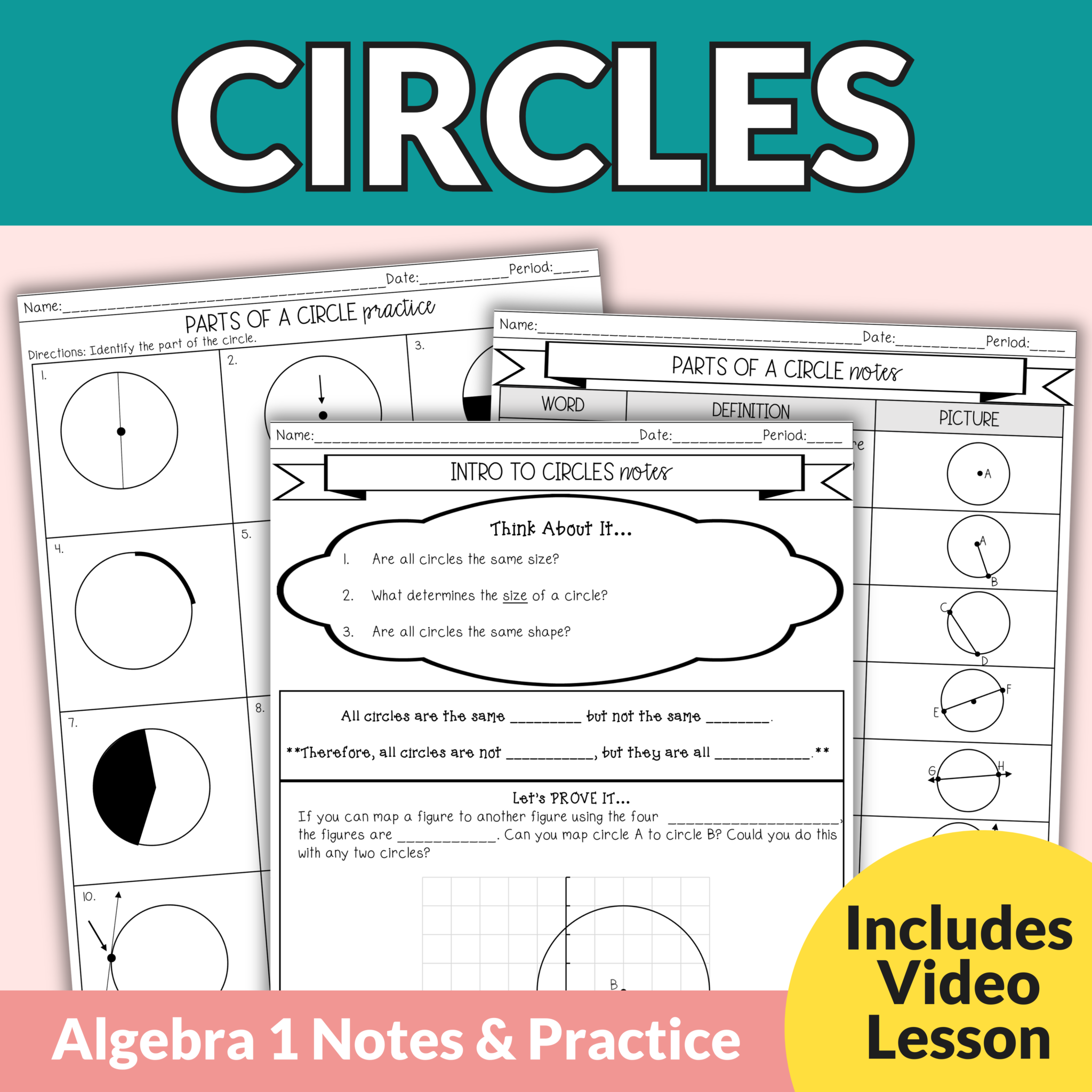 Circle Notes and Worksheets: Angles, Tangents, and Segments for 9th ...