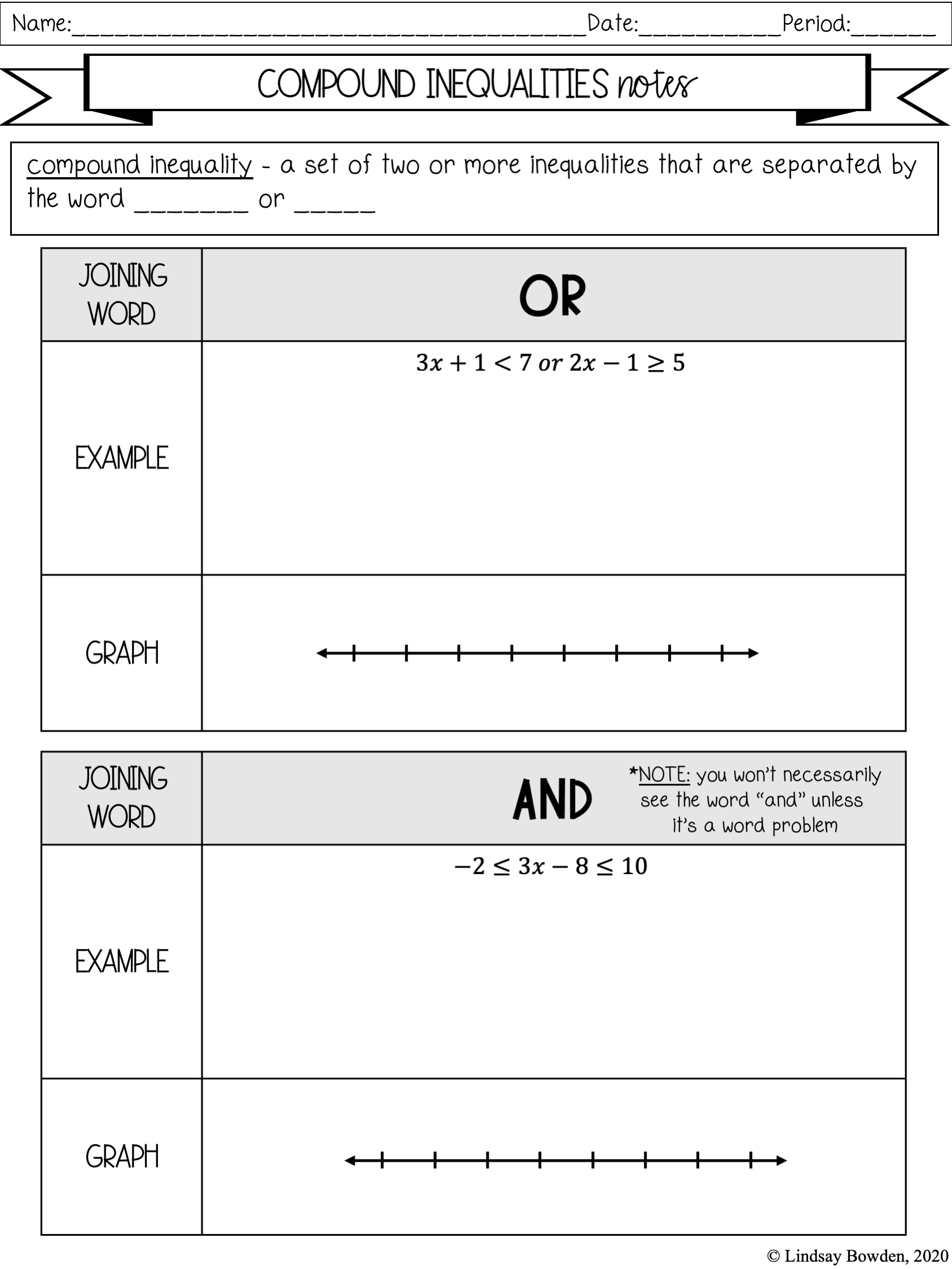 Compound Inequalities Notes And Worksheets Lindsay Bowden