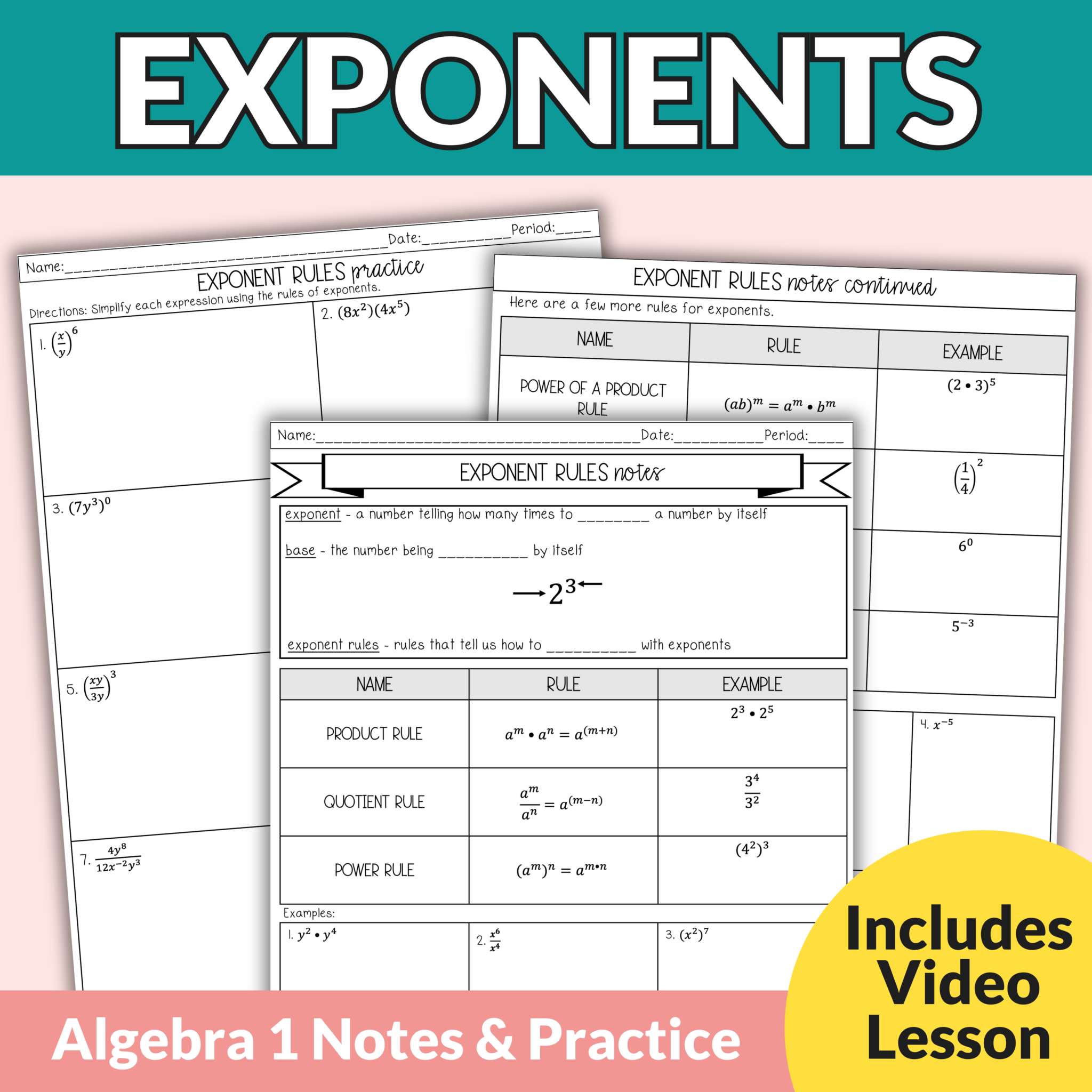 Laws of Exponents and Exponent Rules Notes and Worksheets for Algebra 1 ...