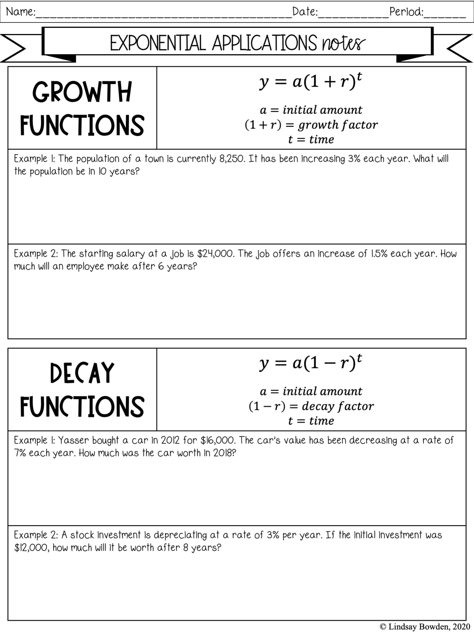 Exponential Functions Notes and Worksheets - Lindsay Bowden Exponential Functions Notes and Worksheets - Lindsay Bowden