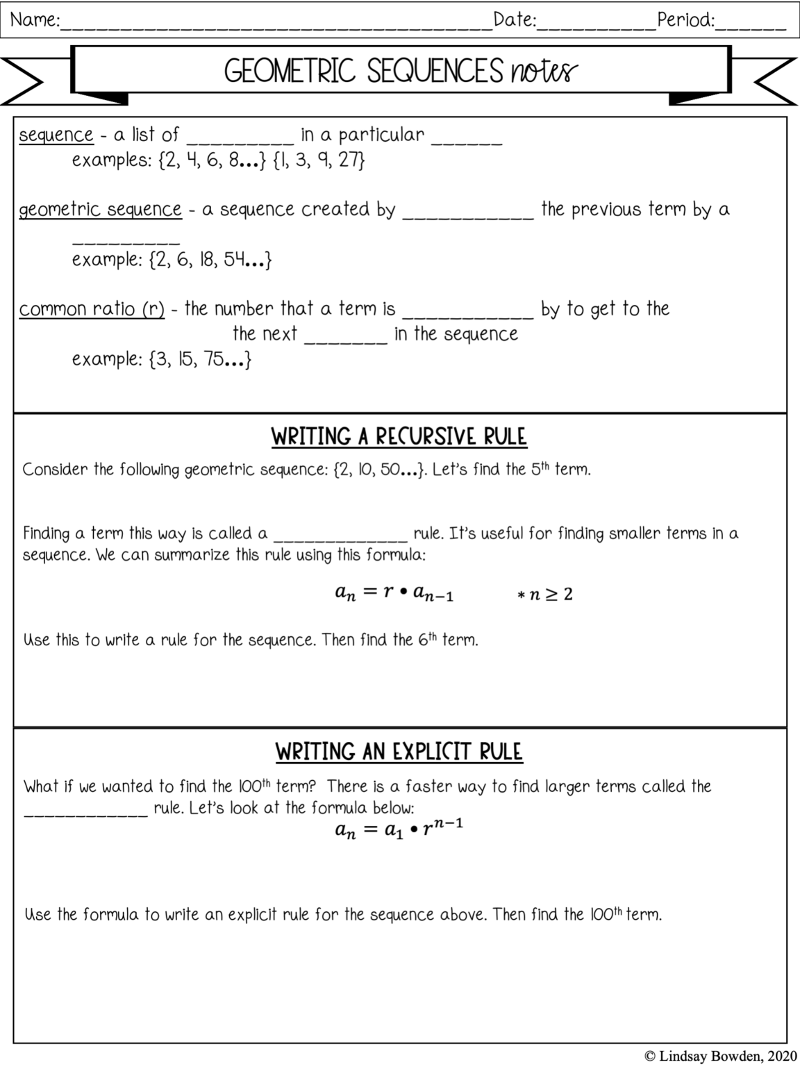 Geometric Sequences Notes and Worksheets - Lindsay Bowden