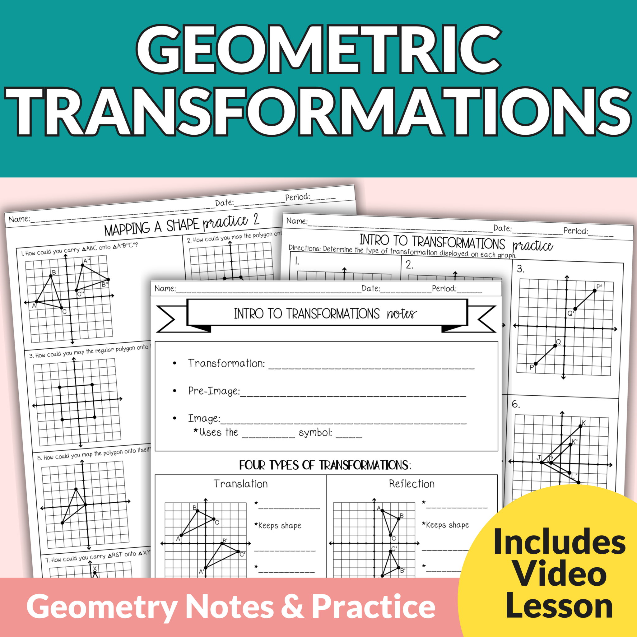 Geometric Transformations Guided Notes and Worksheets for High School ...