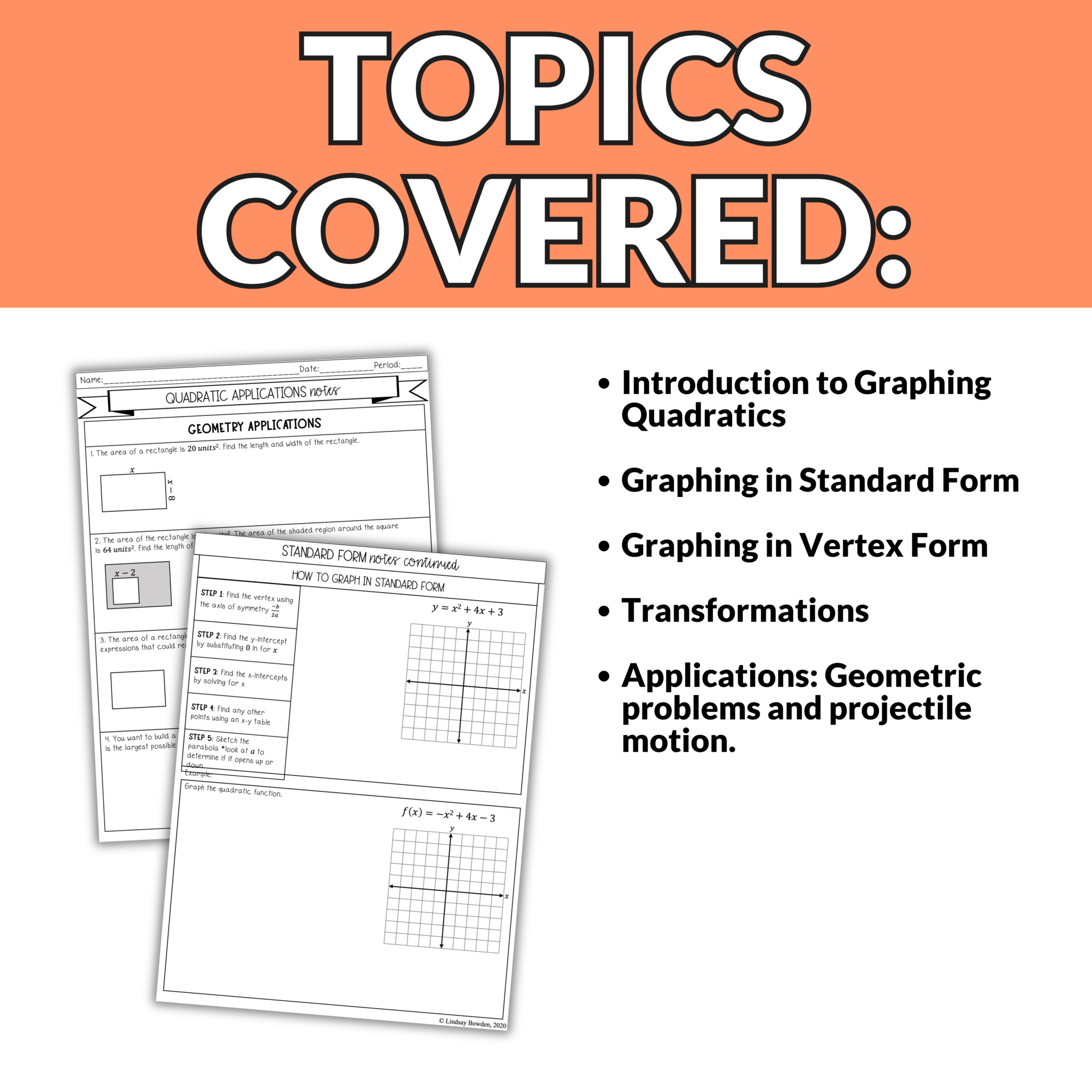 Graphing Quadratics in Standard and Vertex Form Notes and Worksheets ...