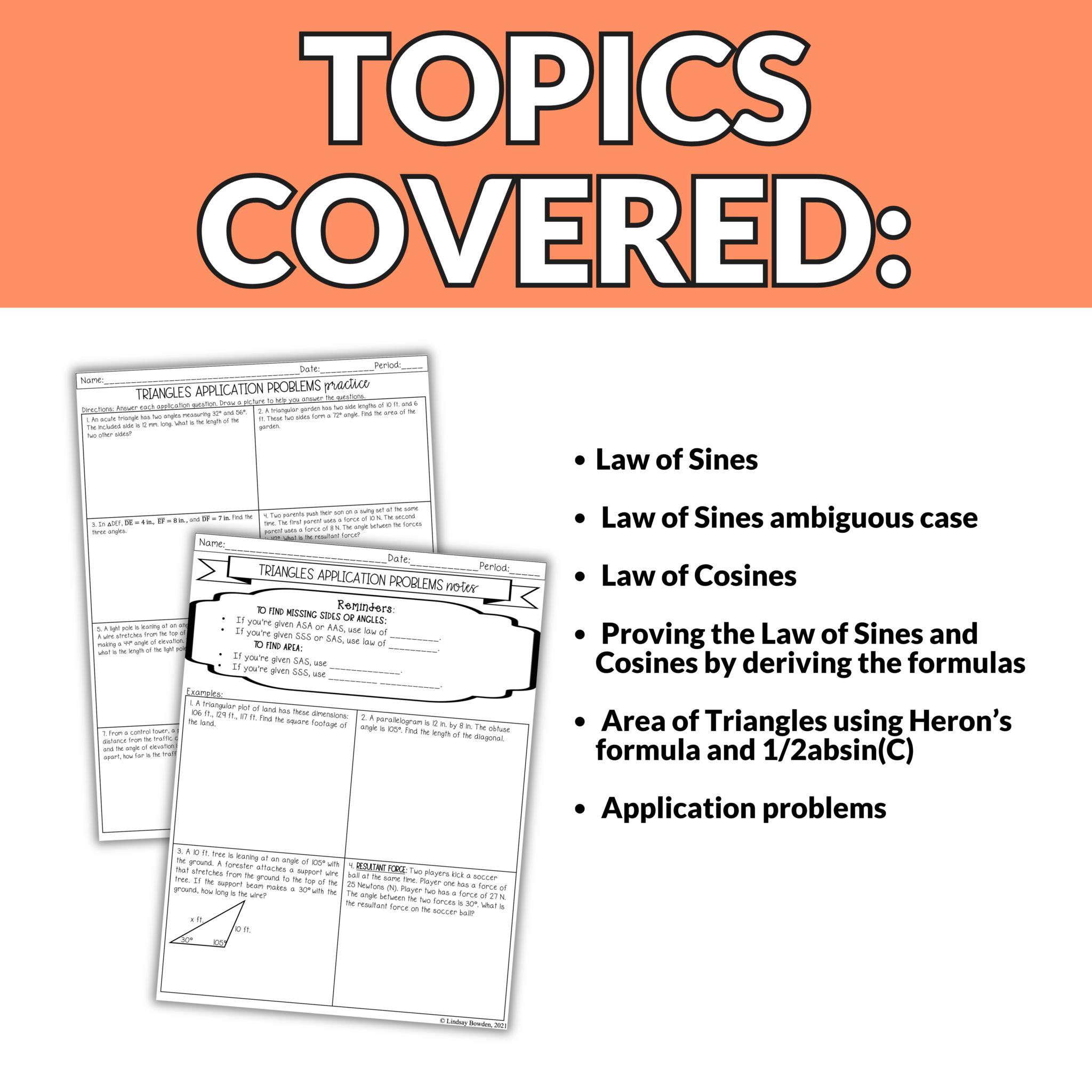 Law of Sines and Cosines, Triangle Area Notes and Worksheets for Grades ...