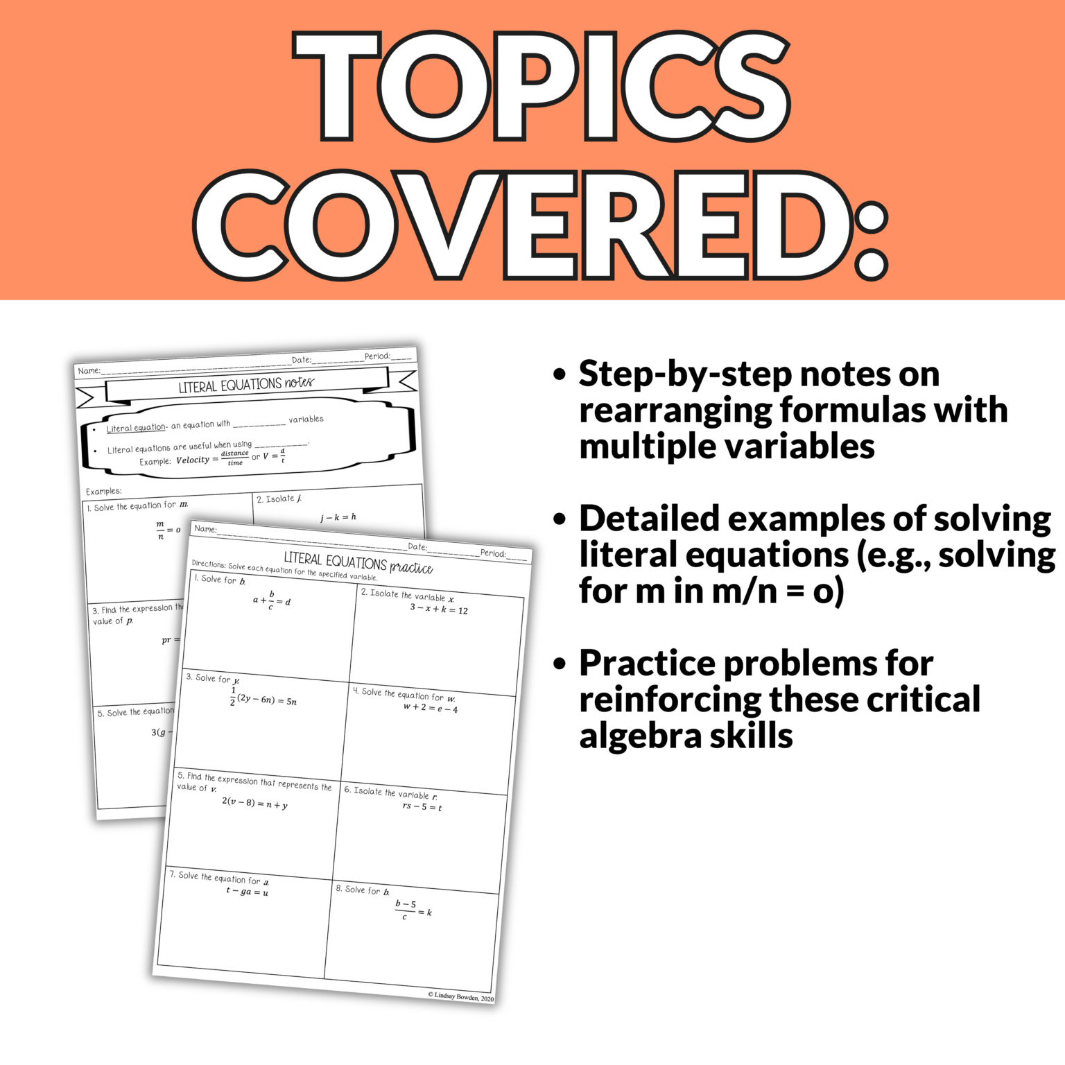 Rearranging Formulas and Literal Equations Notes and Worksheets Algebra ...