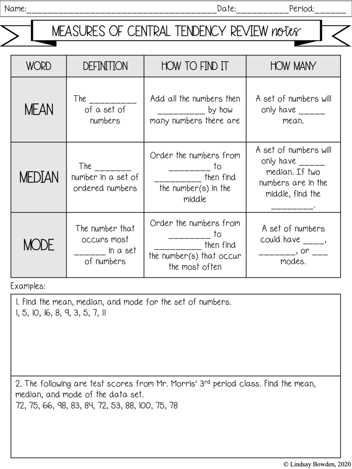 Mean, Median, Mode Notes and Worksheets - Lindsay Bowden