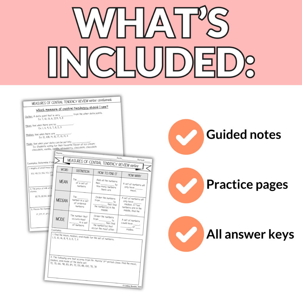 Mean, Median, Mode Notes and Worksheets - Lindsay Bowden