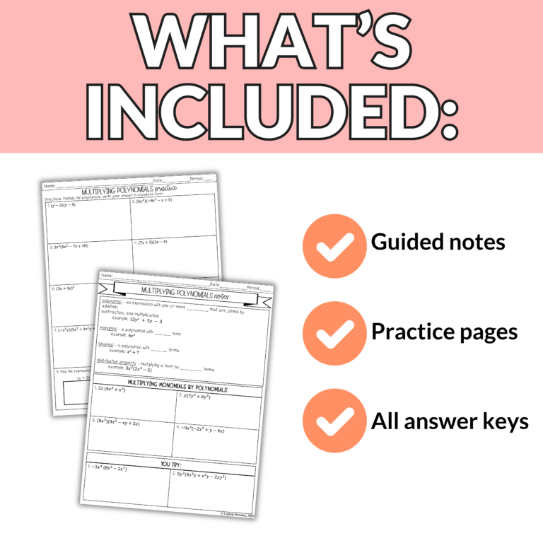 Multiplying Polynomials with Application Problems Notes & Worksheets ...