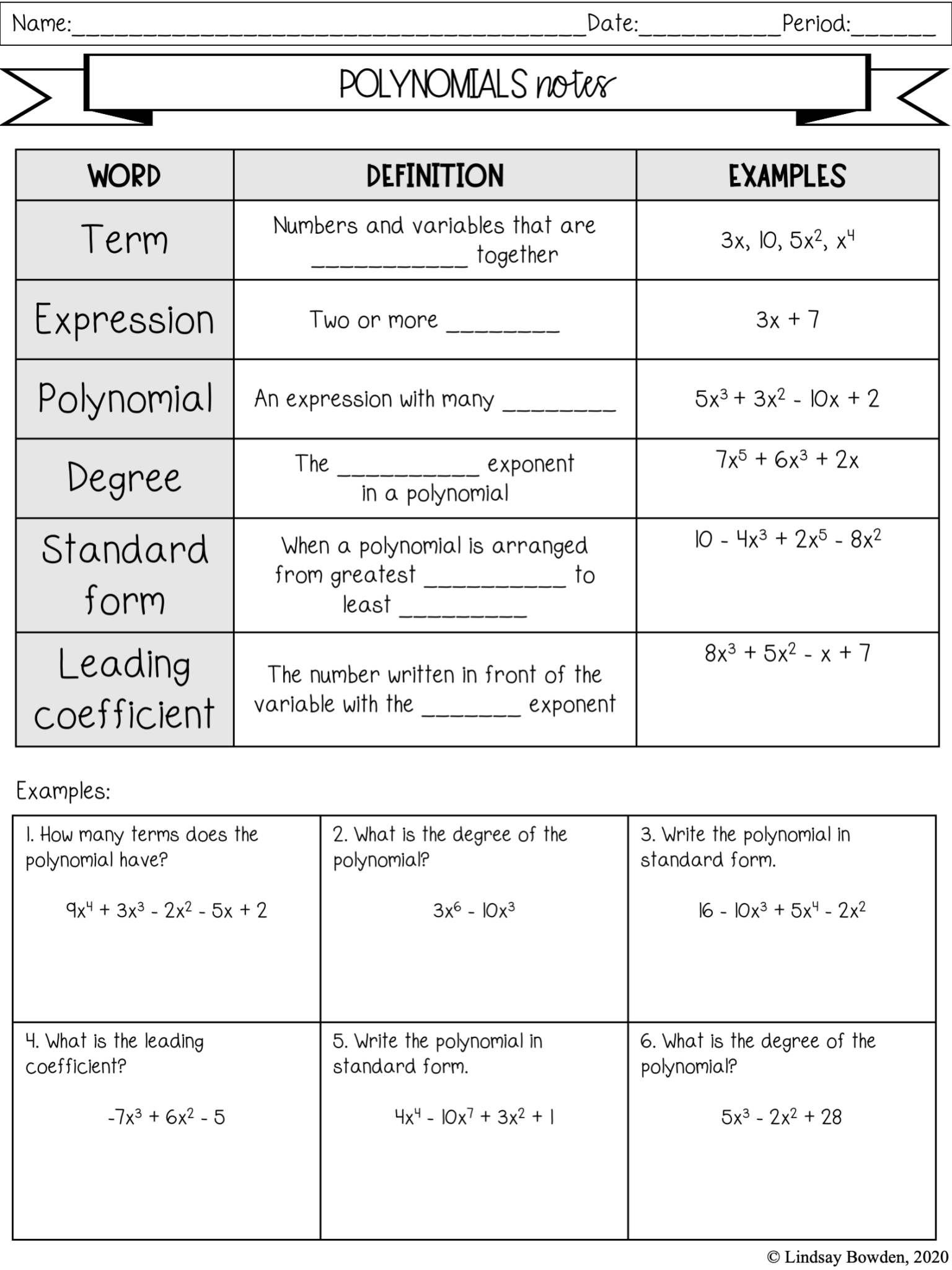 Intro To Polynomials Notes And Worksheets Lindsay Bowden Intro To Polynomials Notes And Worksheets Lindsay Bowden
