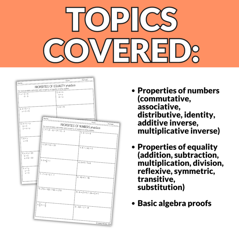 Properties of Equality and Properties of Numbers Notes & Worksheets ...