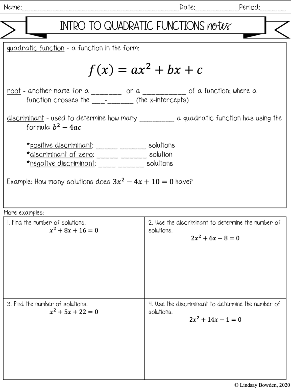 Solving Quadratics Notes and Worksheets - Lindsay Bowden
