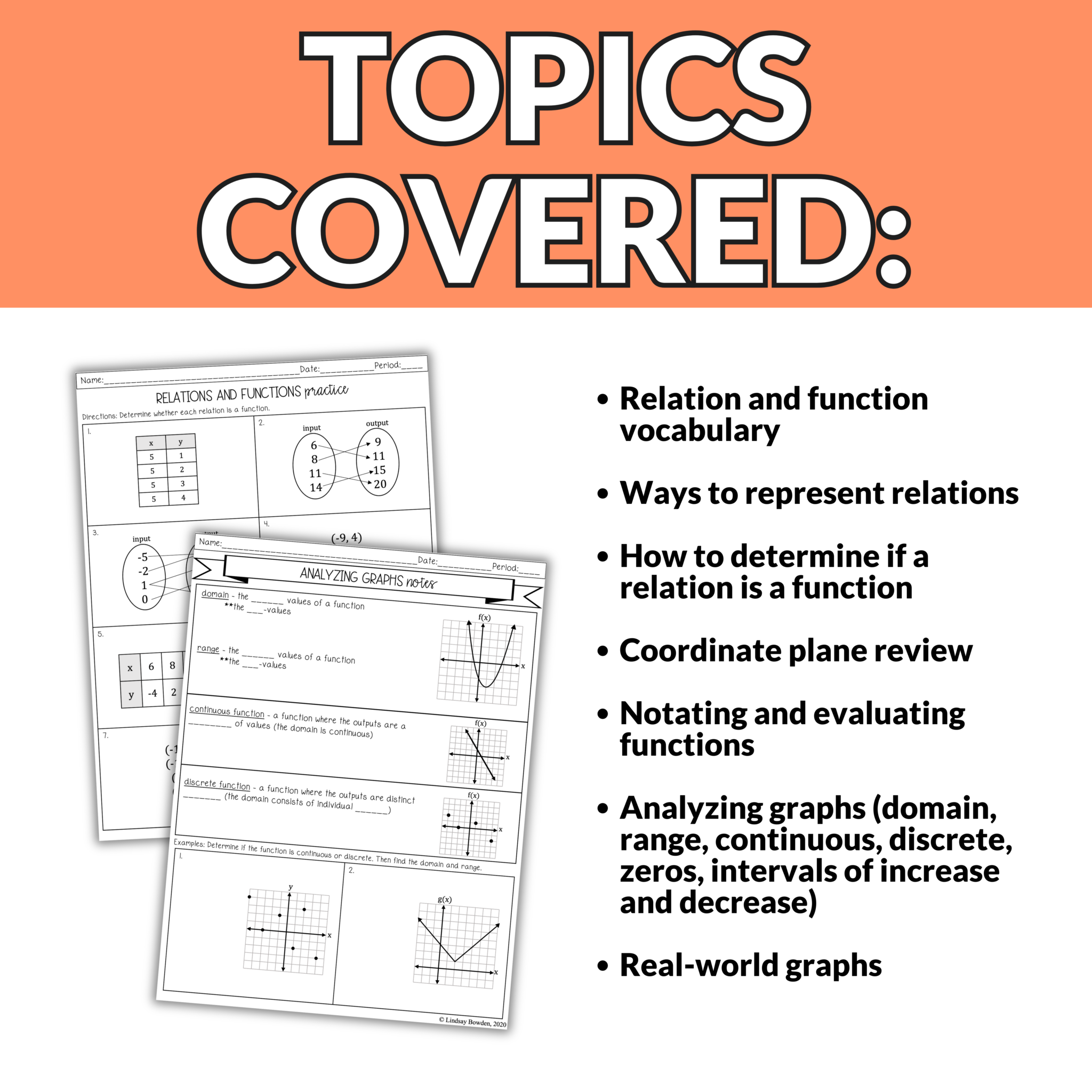Relations and Functions with Analyzing Graphs Notes & Worksheets ...