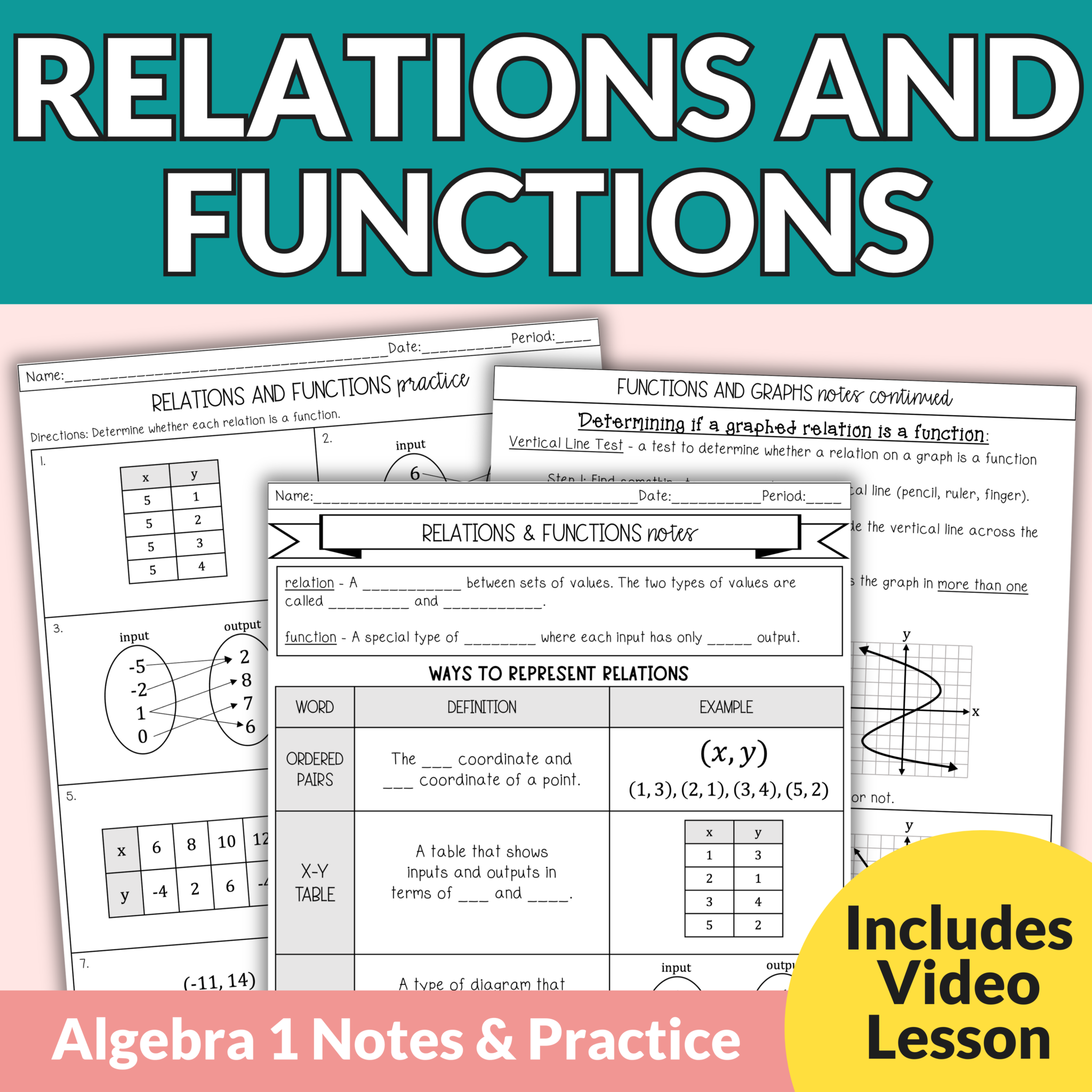 Relations and Functions with Analyzing Graphs Notes & Worksheets ...