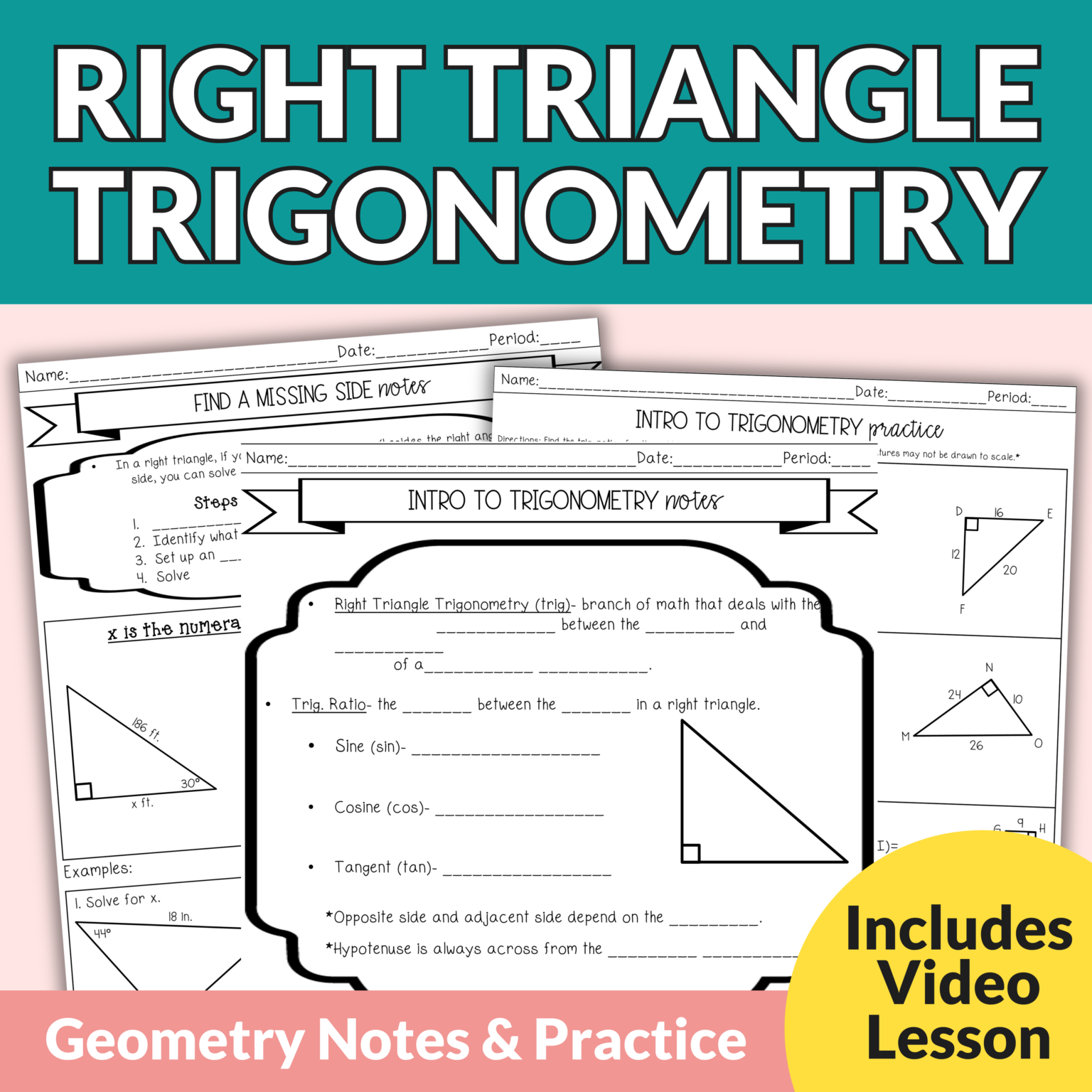 Right Triangle Trigonometry Notes and Worksheets for 9th – 11th Grade ...
