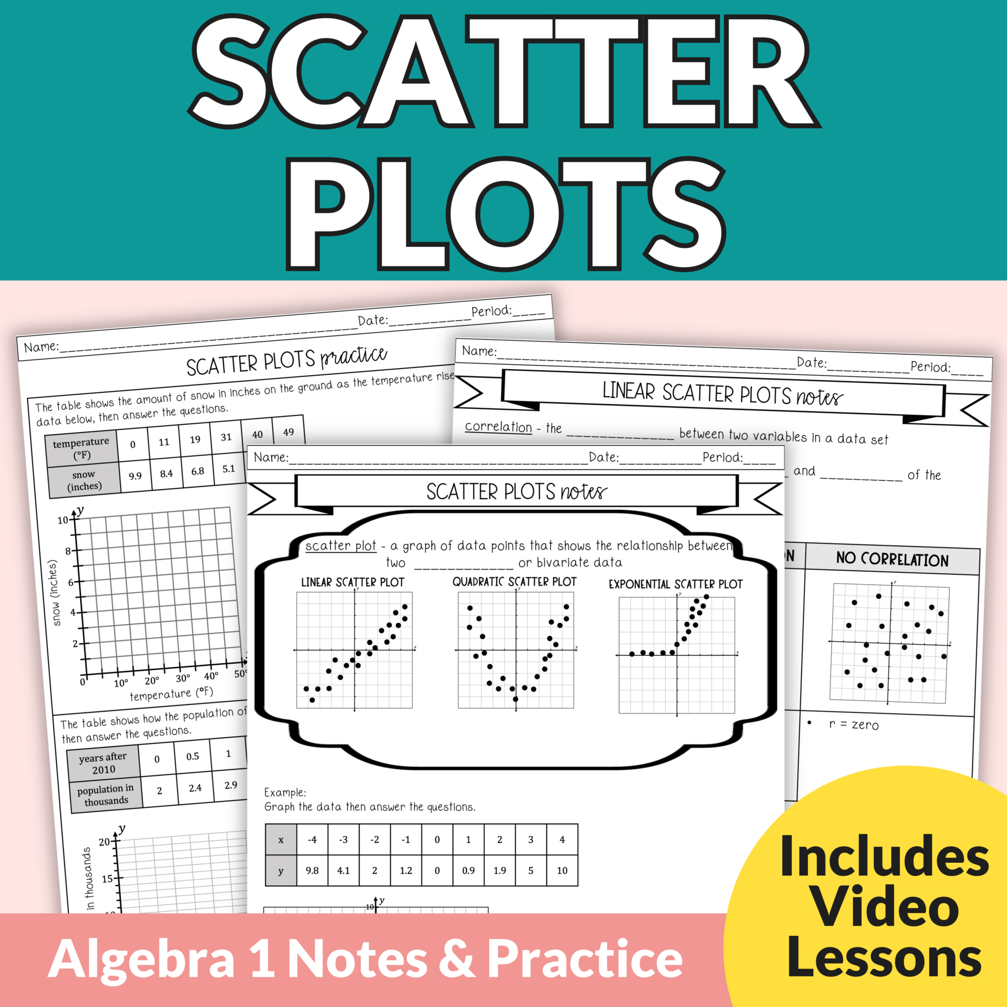 Scatter Plots Guided Notes with Videos and Worksheets | 7th-10th Grade ...