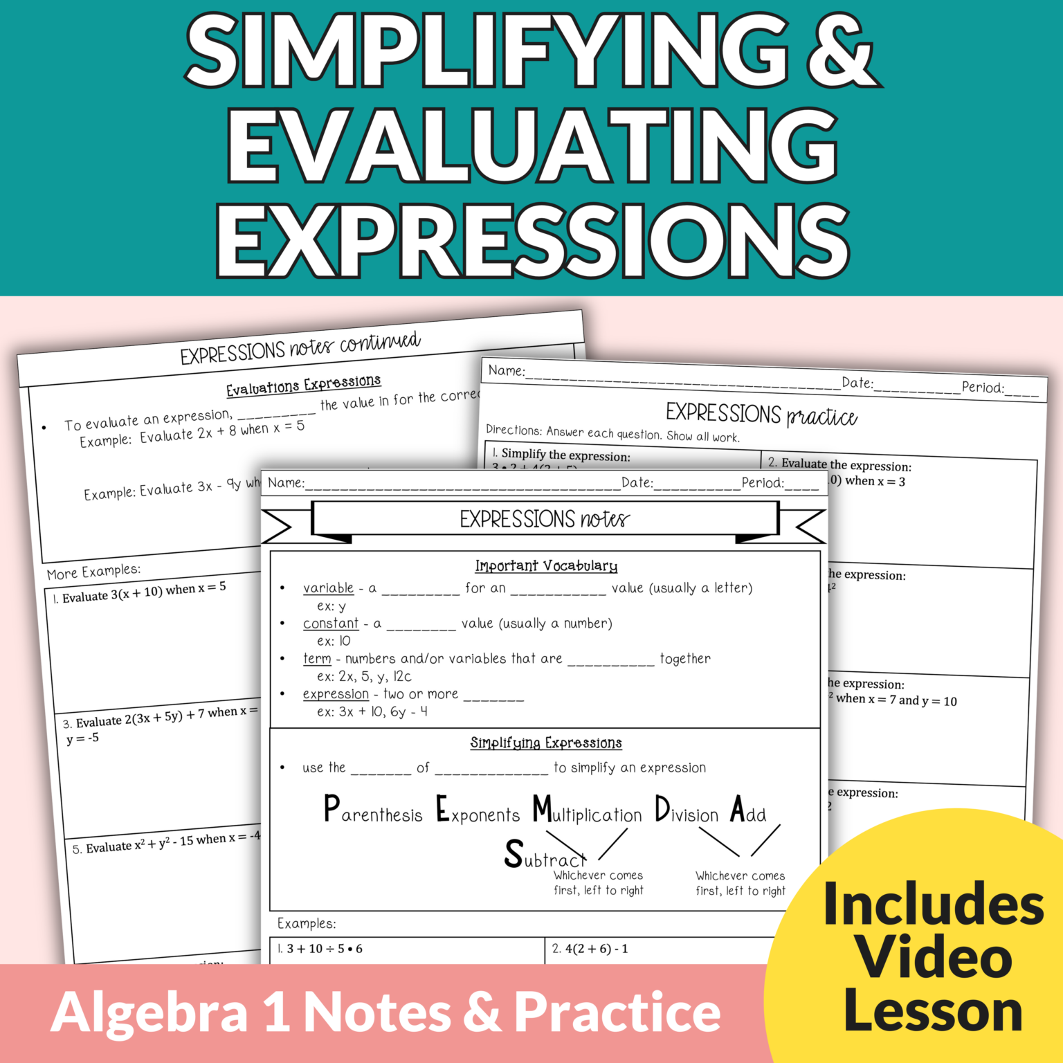 Expressions Notes and Worksheets - Lindsay Bowden