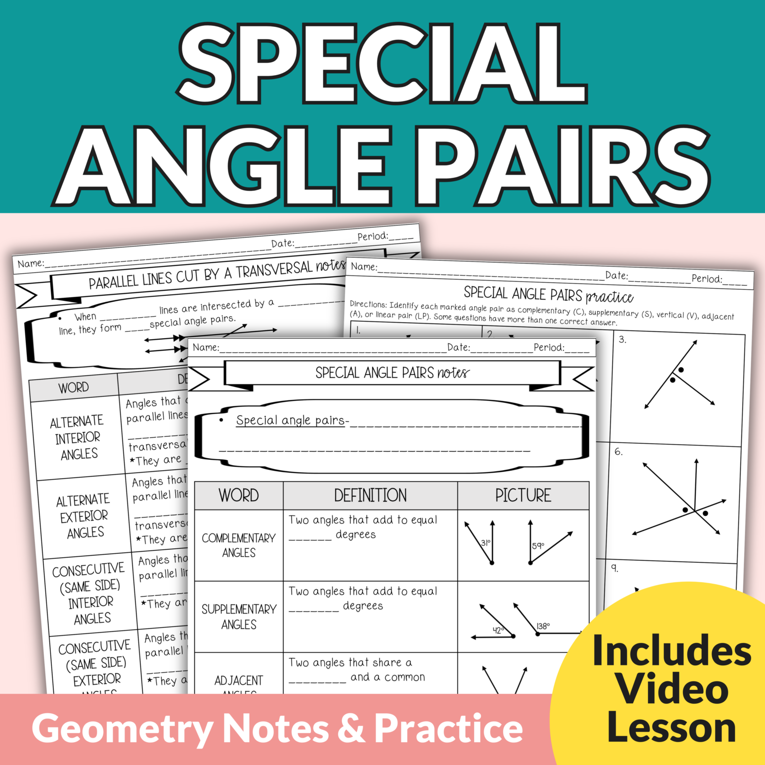 Special Angle Pairs Notes and Worksheets for 9th – 11th Grade Geometry ...
