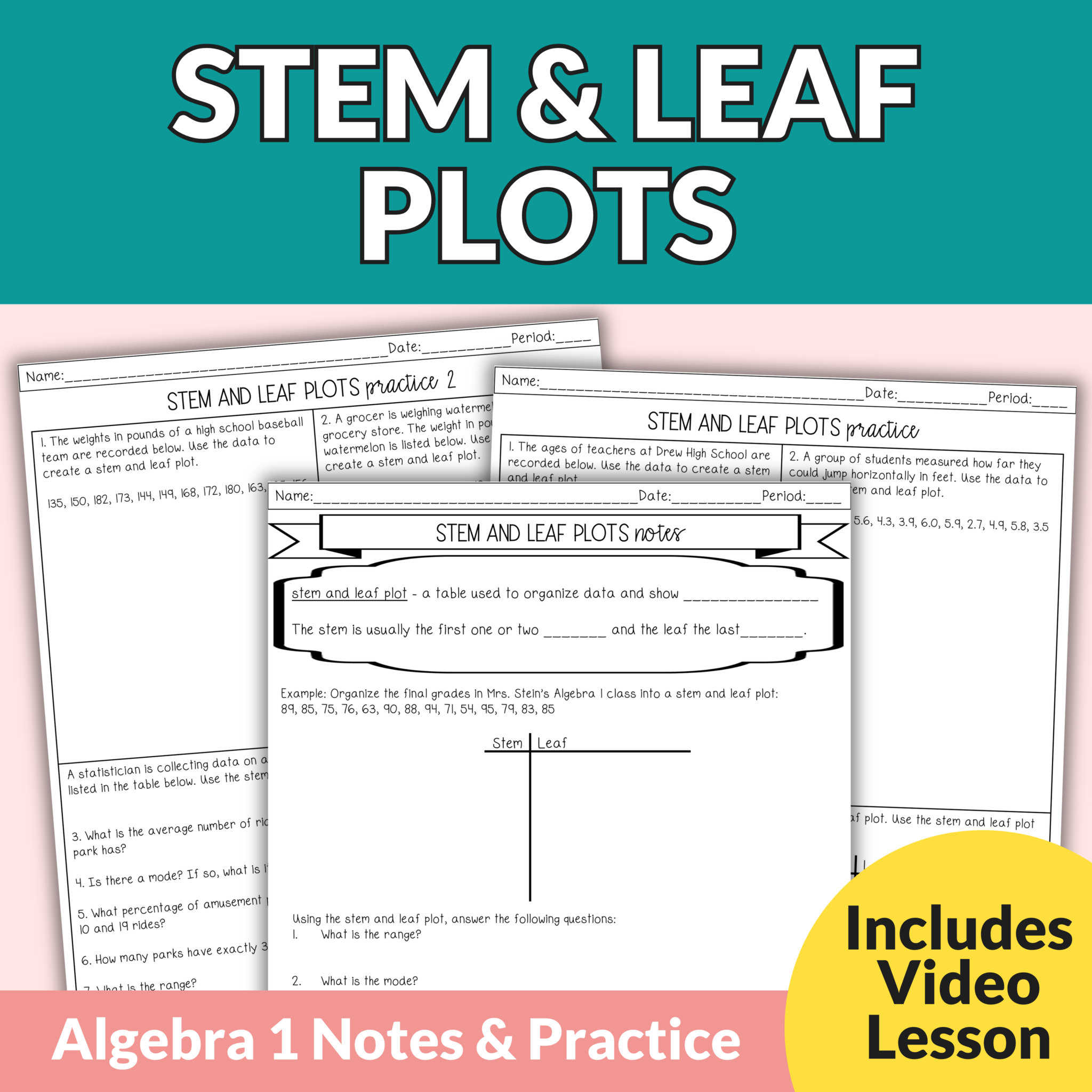 Stem and Leaf Plots Guided Notes and Worksheets | 7th-10th Grade Math ...