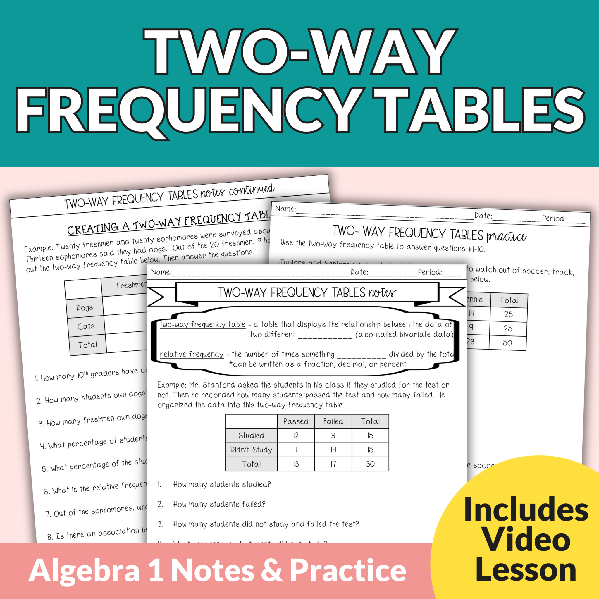 Two-Way Frequency Tables Guided Notes and Worksheets | 7th-10th Grade ...