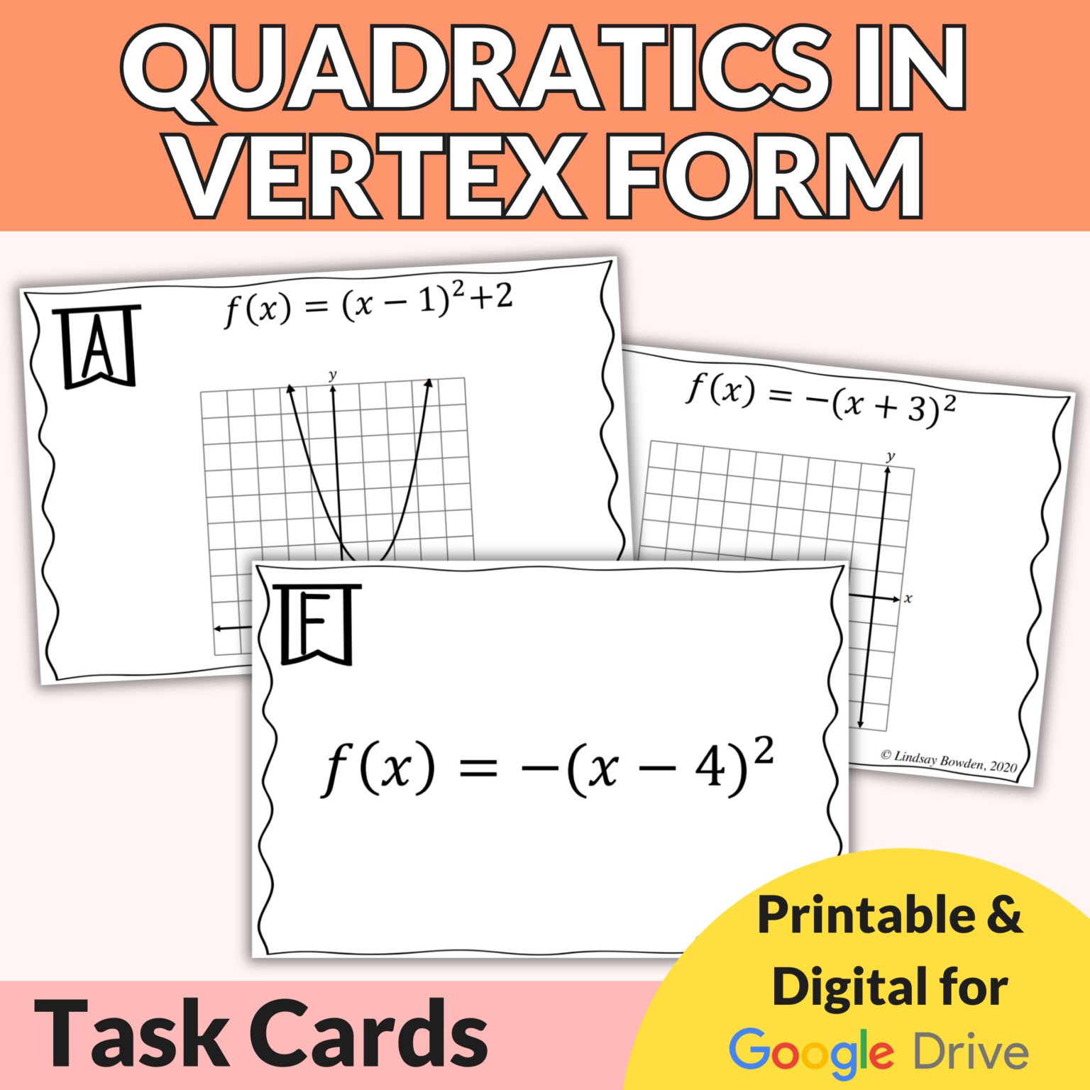 Quadratics in Vertex Form Task Cards - Lindsay Bowden