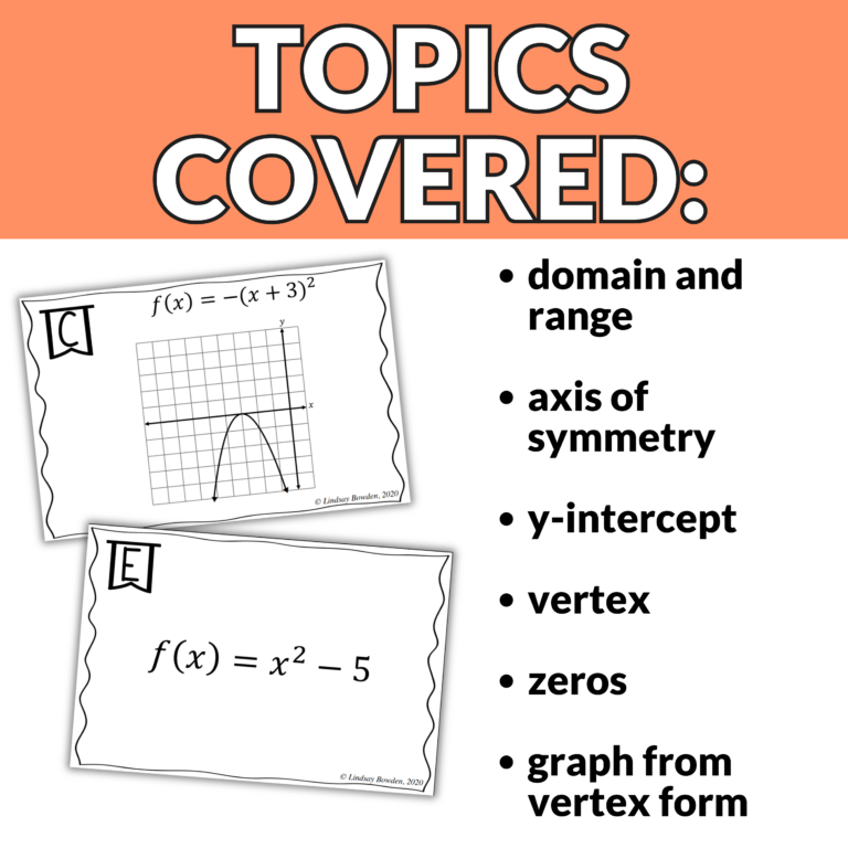 Quadratics in Vertex Form Task Cards - Lindsay Bowden