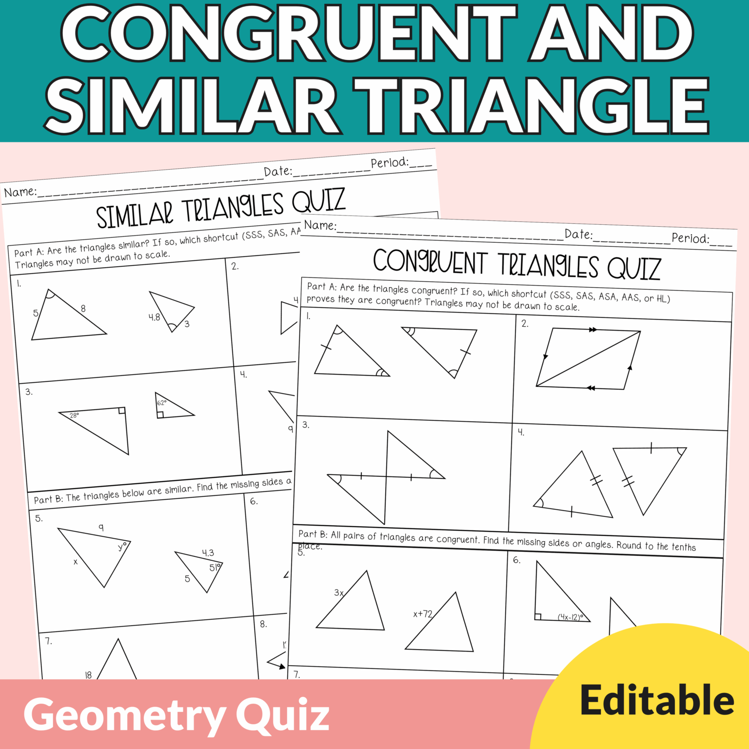 Congruent and Similar Triangles Quizzes with Answer Key and Editable ...