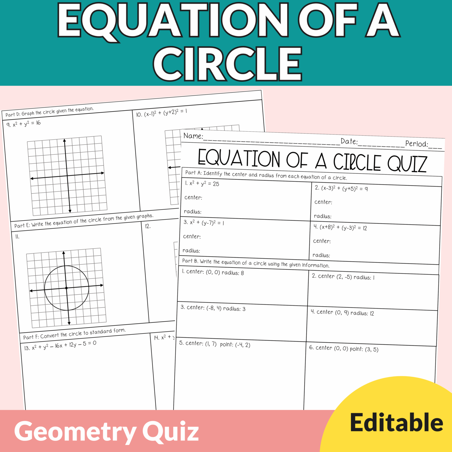 Equation of a Circle Quiz with Answer Key and Editable PowerPoint for ...