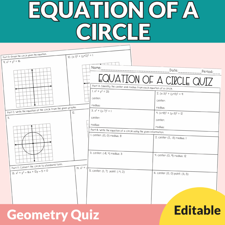 Equation of a Circle Quiz with Answer Key and Editable PowerPoint for ...