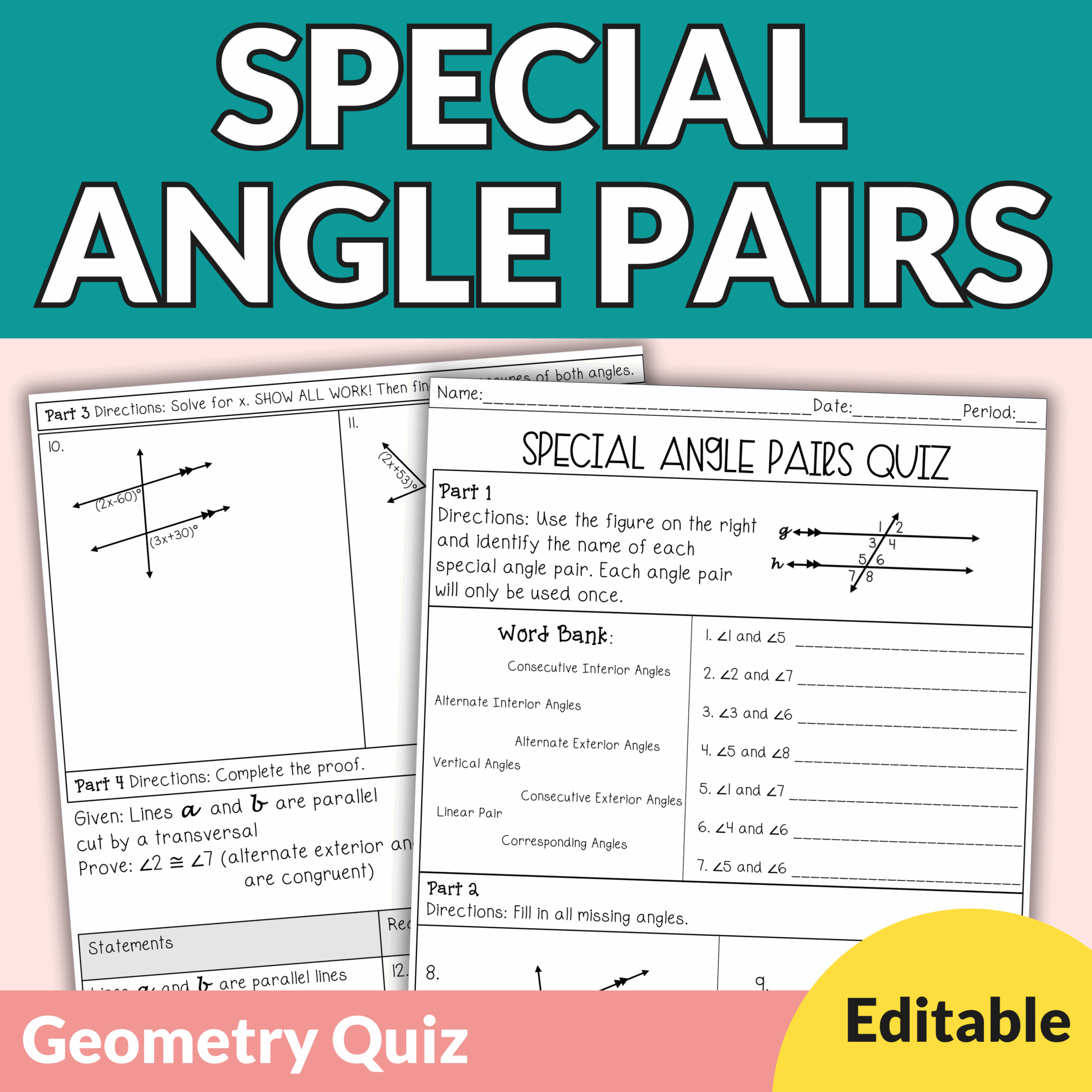 Editable Parallel Lines Cut by a Transversal Quiz with Answer Key for ...