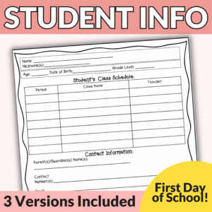 First Day of Middle School & High School | Student Information Sheet ...