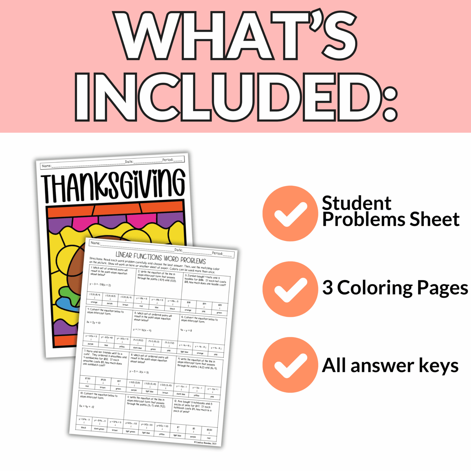 Writing & Solving Linear Equations Word Problems Thanksgiving Algebra 1 ...