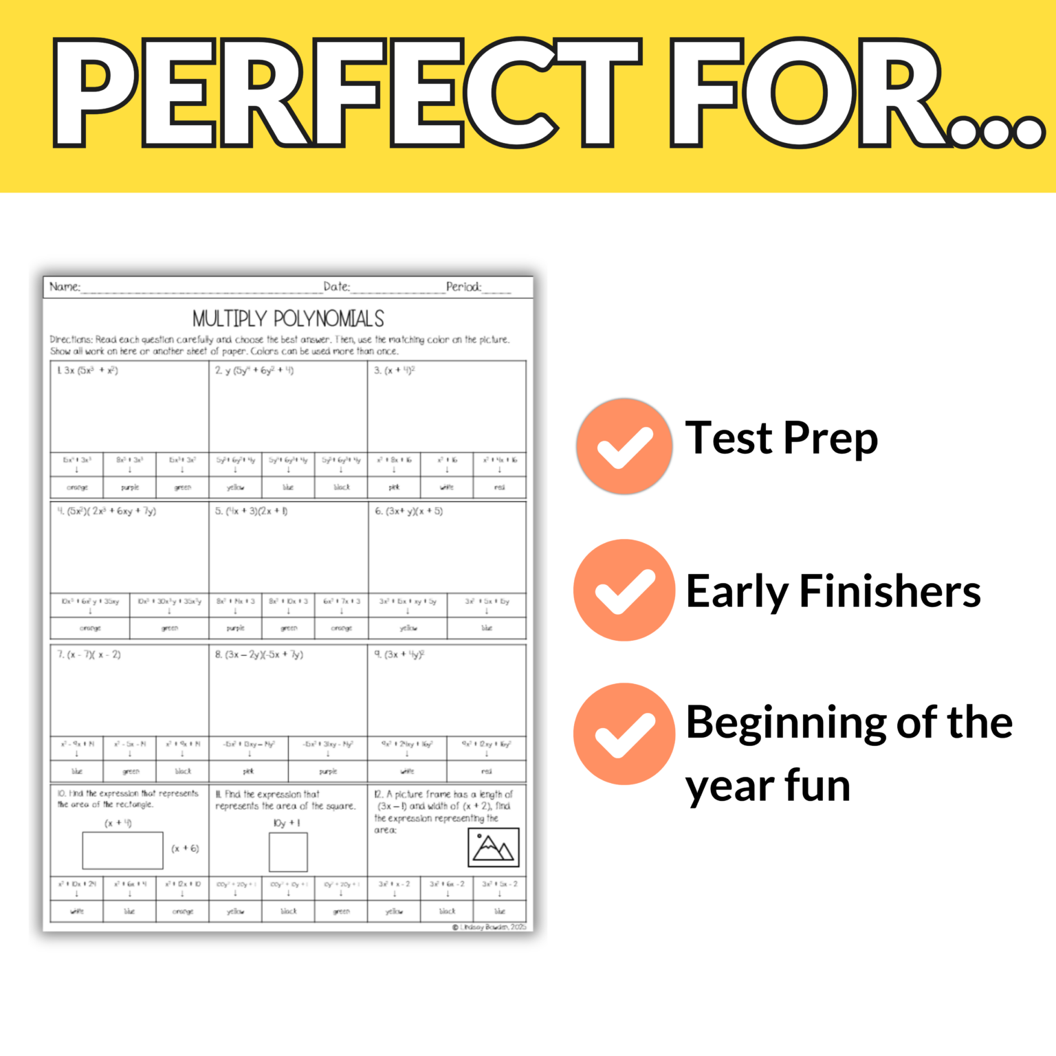 Multiplying Polynomials Worksheet with Area Problems Beginning of Year ...