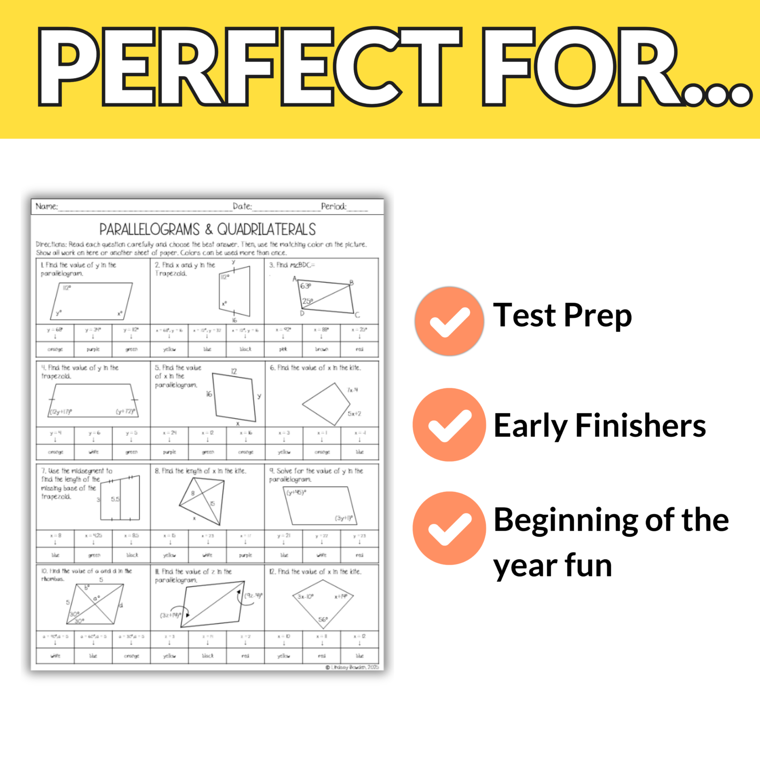 New Year's Properties of Quadrilaterals and Parallelograms Worksheet HS ...