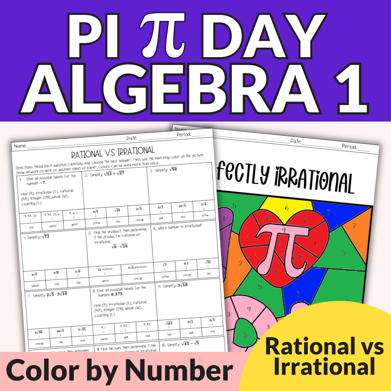 Rational and Irrational Numbers Activity for Algebra 1 Review | Pi Day ...